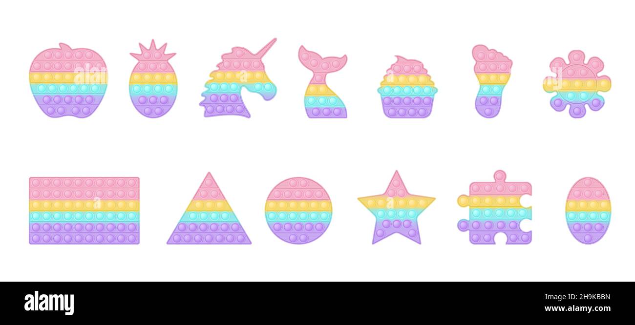 Set of geometric and food forms pop it a trendy pastel rainbow fidget ...