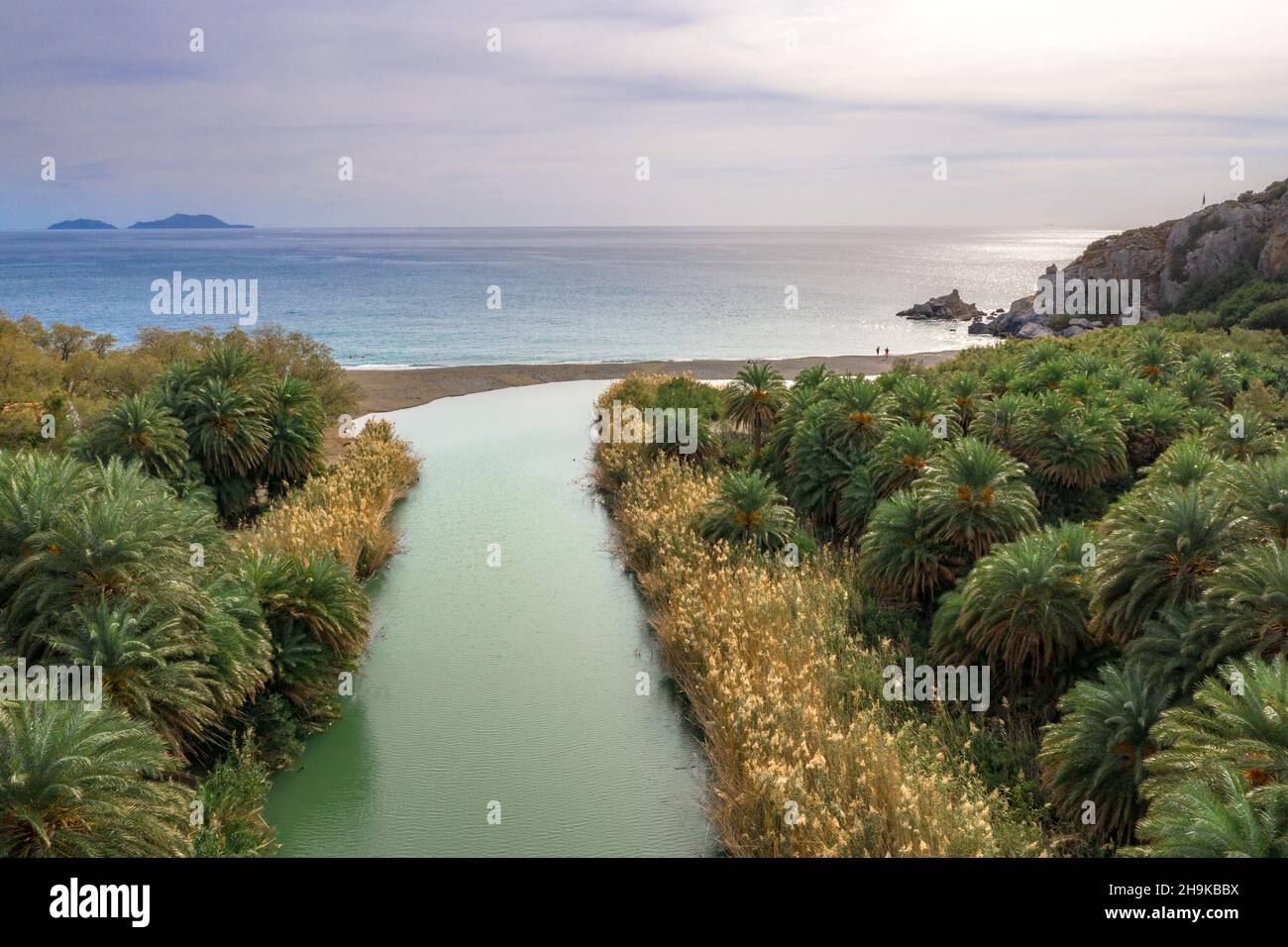 Preveli beach at Libyan sea, river and palm forest, southern Crete ...