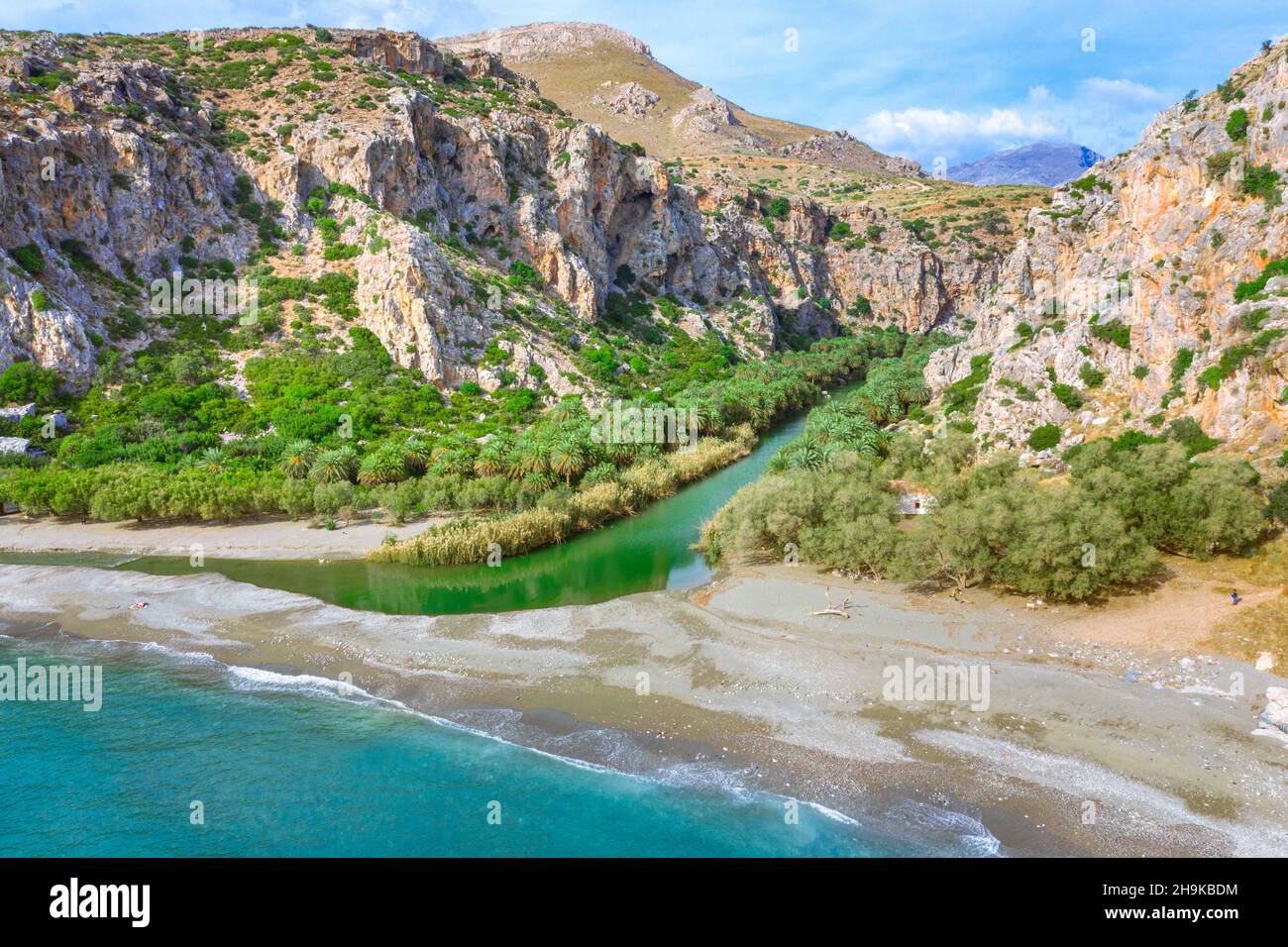 Preveli beach at Libyan sea, river and palm forest, southern Crete ...