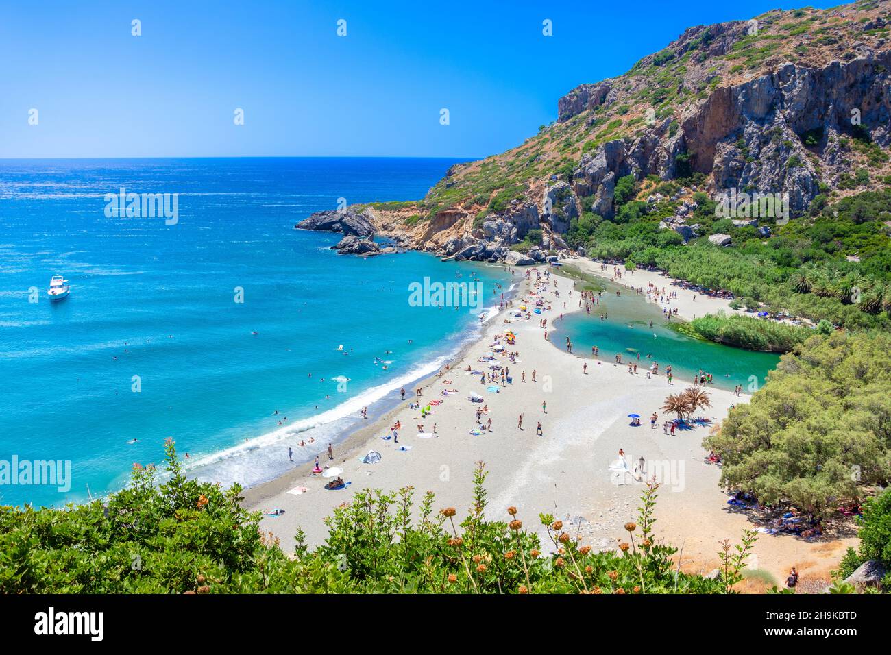 Preveli beach at Libyan sea, river and palm forest, southern Crete ...