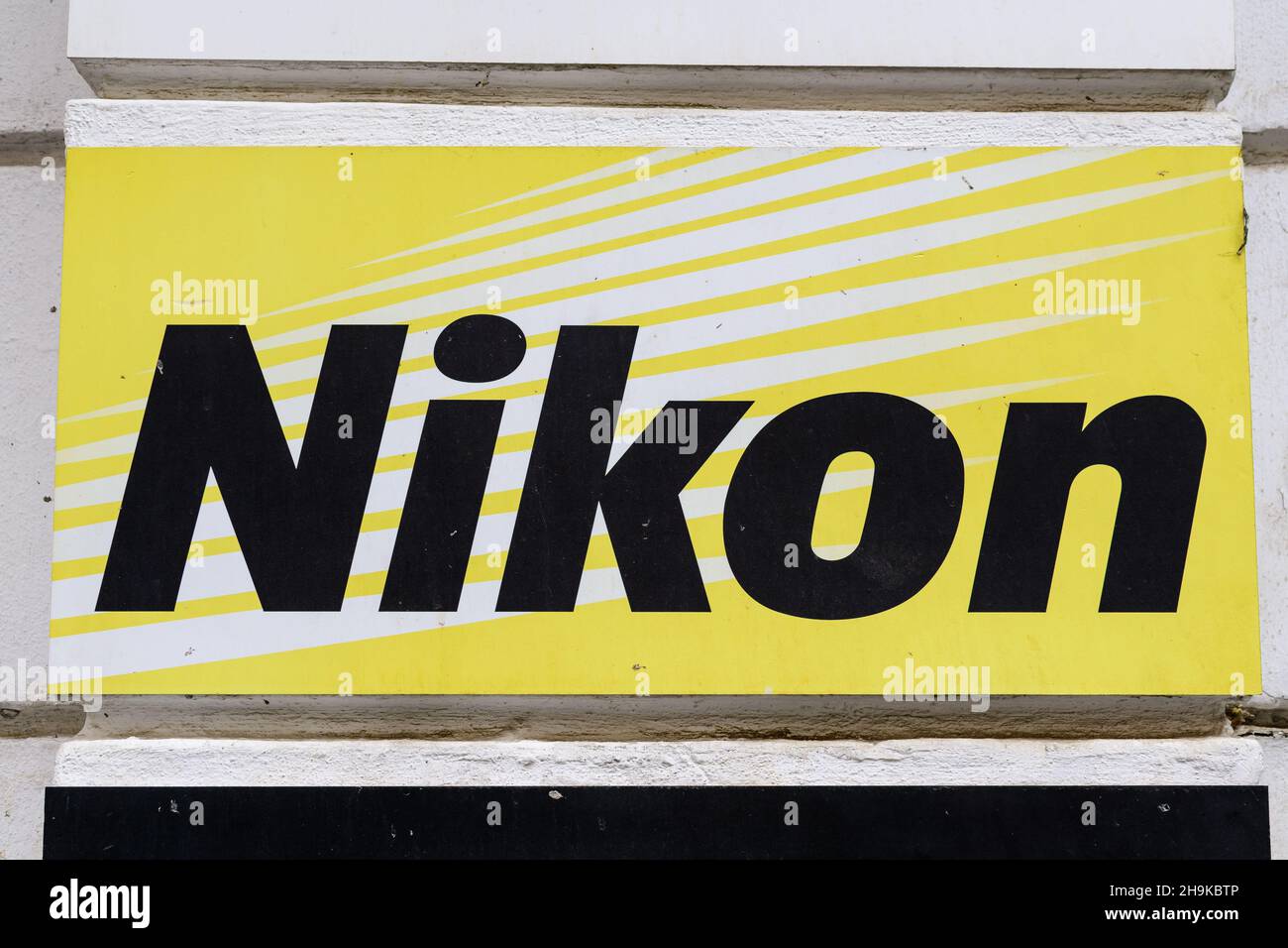 Bucharest, Romania - June 6, 2020: Nikon logo is painted on an old ...