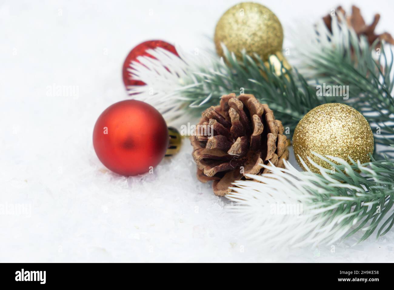 Christmas composition of Christmas tree toy red and gold ball snow ...