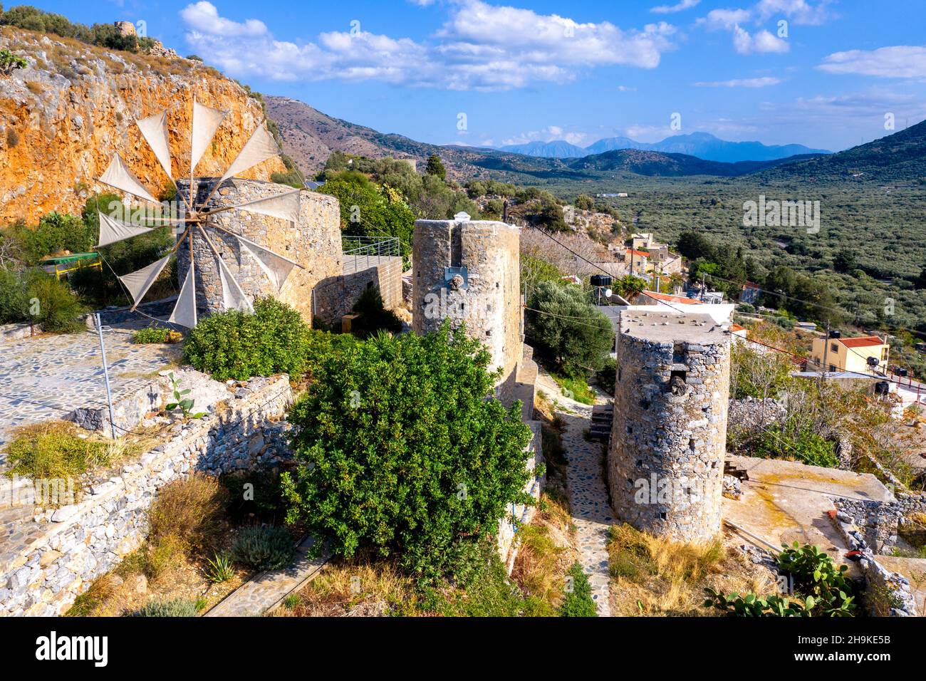 Old windmills in Nikithianos village, Eastern Crete, Greece Stock Photo ...