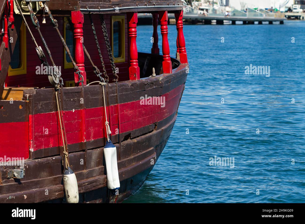 Close-up shot of the rear of a classic wooden boat Stock Photo - Alamy