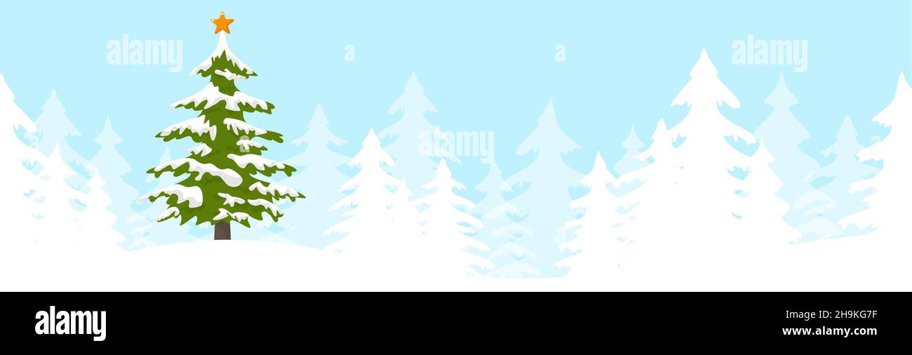 eps vector illustration with christmas tree in front of snowy fields ...