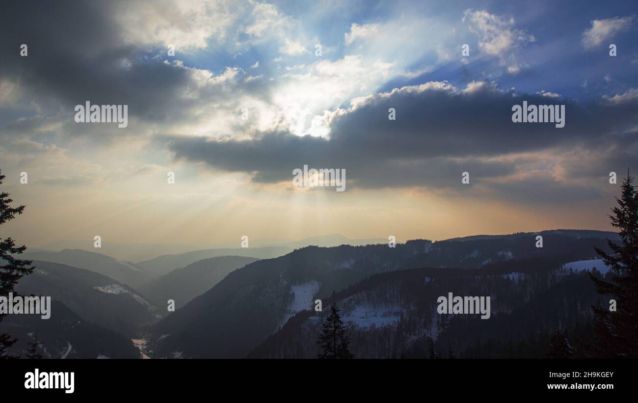 The hills of the Black Forest disappear into the haze in the light of ...