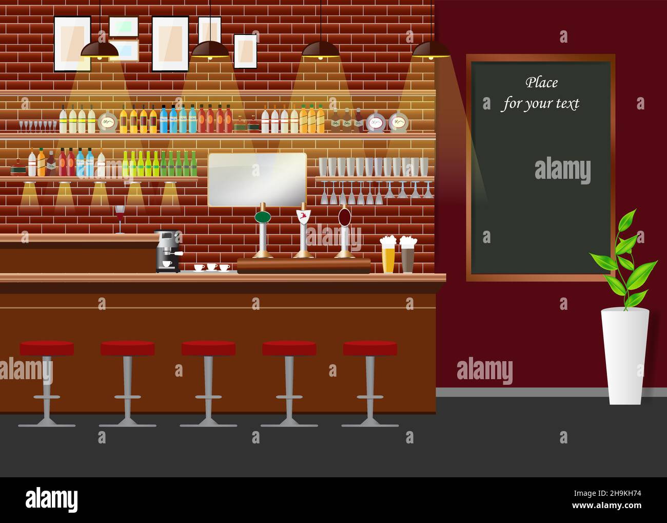 Empty bar counter in in the background with green board ready for your ...