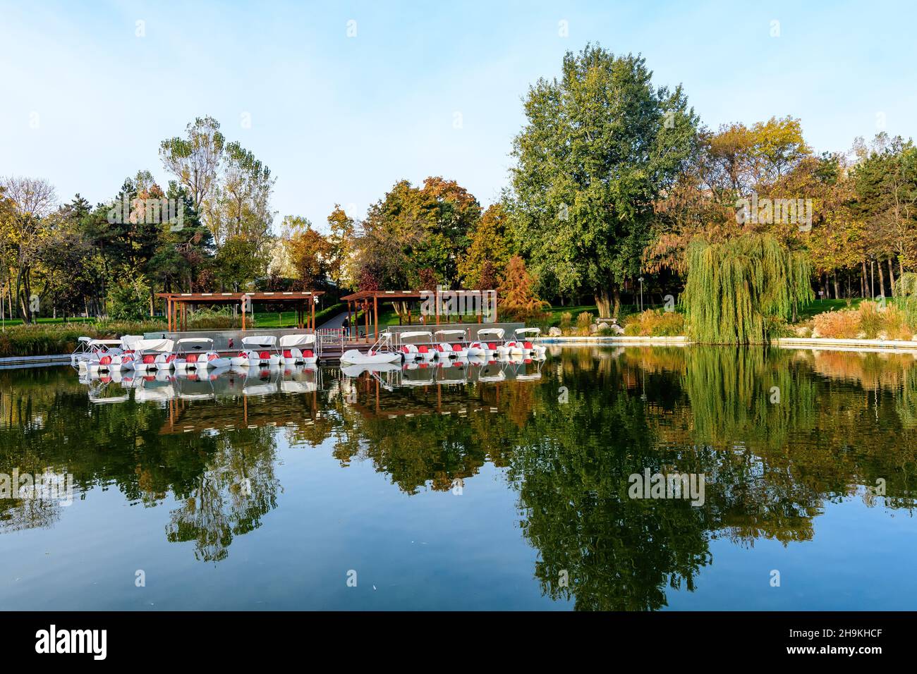 Landscape with the lake and green and yellow trees in Drumul Taberei ...
