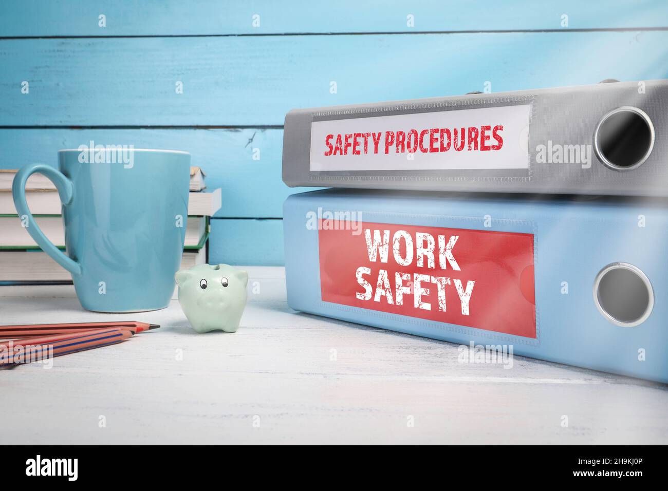 Work Safety and Safety Procedures concept. Wooden table and office ...