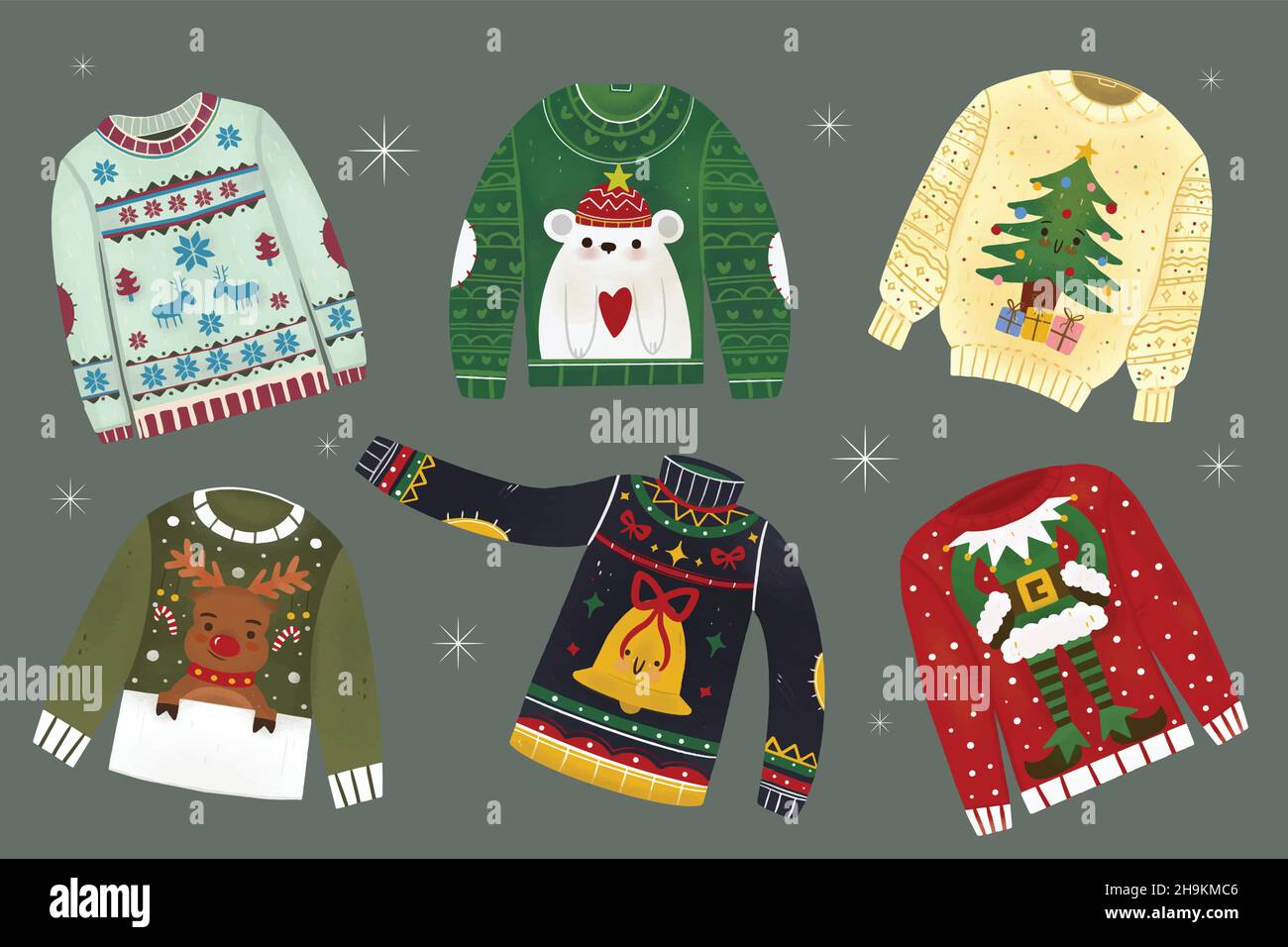 hand drawn ugly sweater collection vector design illustration Stock ...