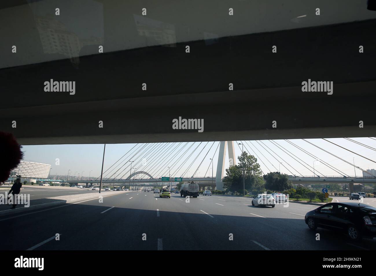 overground pedestrian crossing . Pedestrian bridge across the highway ...