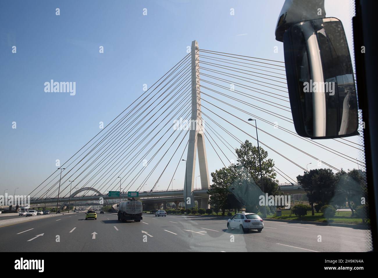 Azerbaijan Baku. 17.08.2021 : Highway asphalt road . Bridge a cable ...