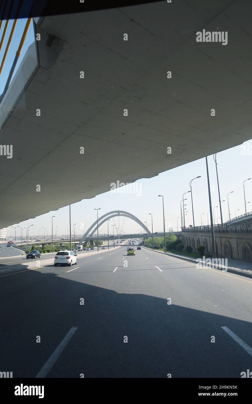 Azerbaijan Baku. 17.08.2021 : Highway asphalt road . overground ...