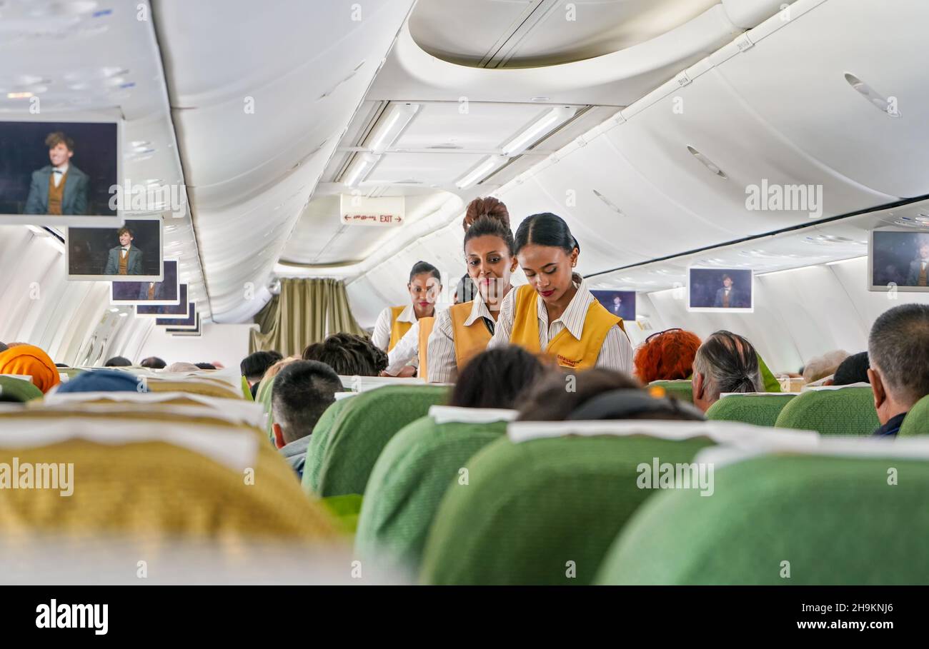 Addis Ababa, Ethiopia - April 23, 2019: Commercial plane interior ...