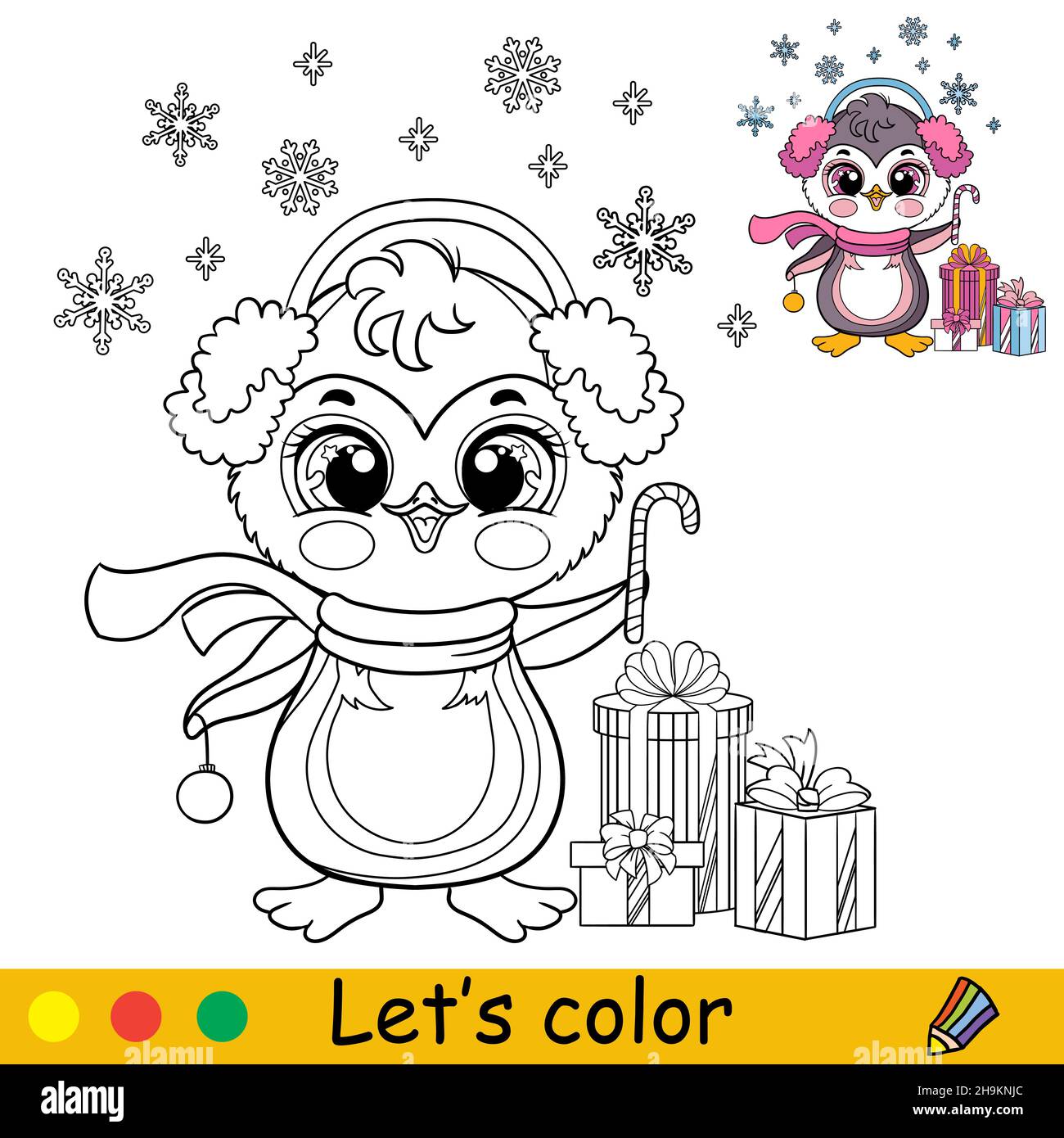 Cute Christmas penguin girl with snowflakes and presents. Cartoon bird ...