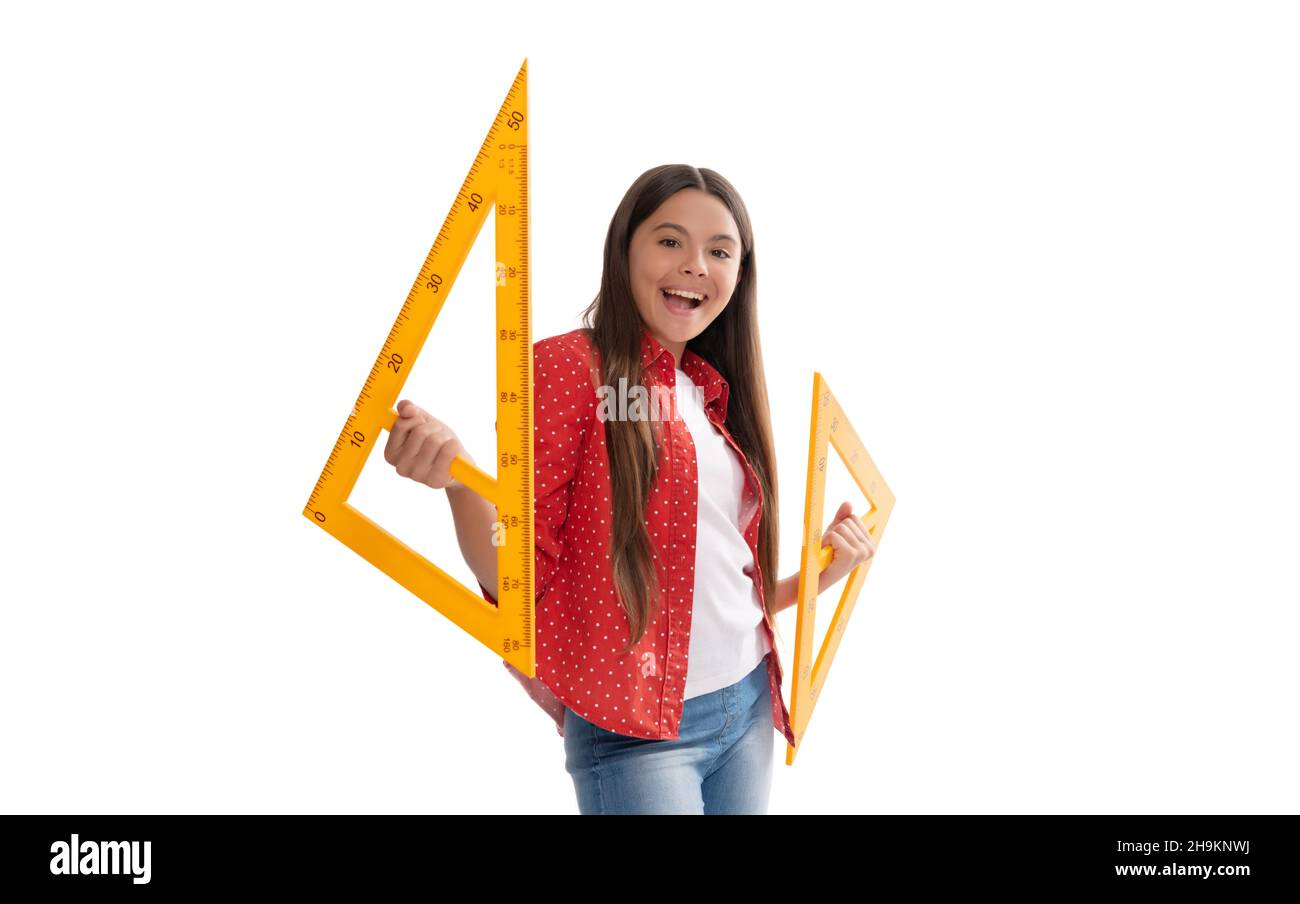 mathematics. smiling funny teen girl hold triangle ruler. back to ...