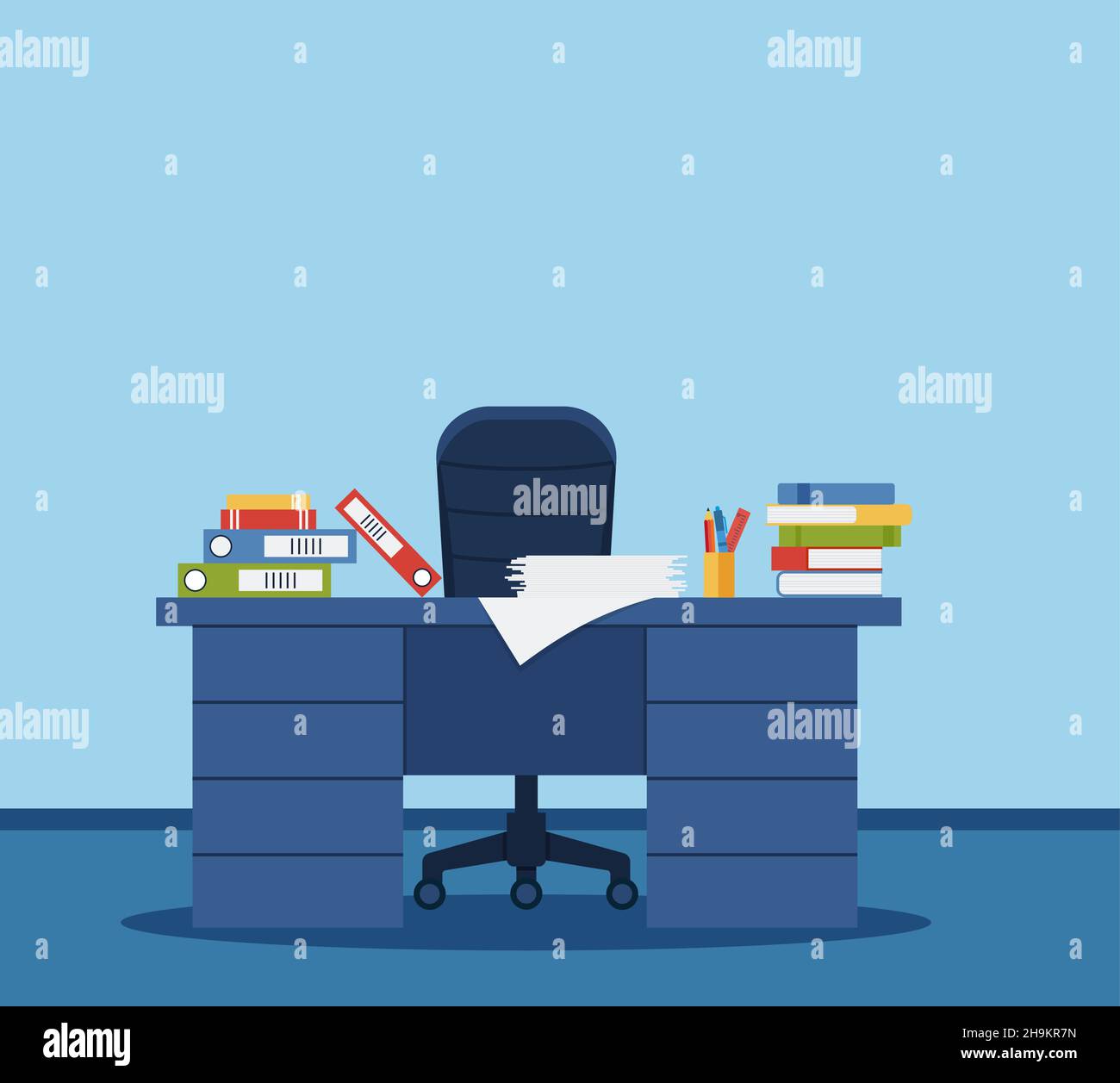 Busy office table. Office interior with books, folders, papers on table ...