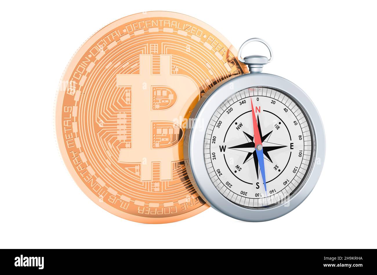 Bitcoin with compass, 3D rendering isolated on white background Stock ...