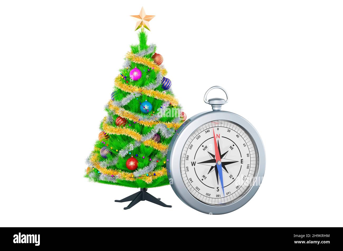 Christmas tree with compass, 3D rendering isolated on white background ...