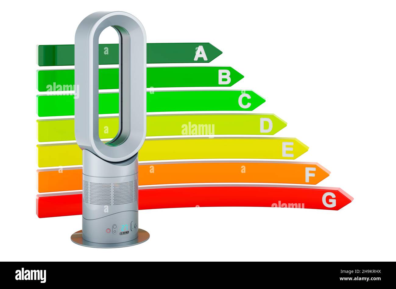 Bladeless air fan with energy efficiency chart, 3D rendering isolated ...