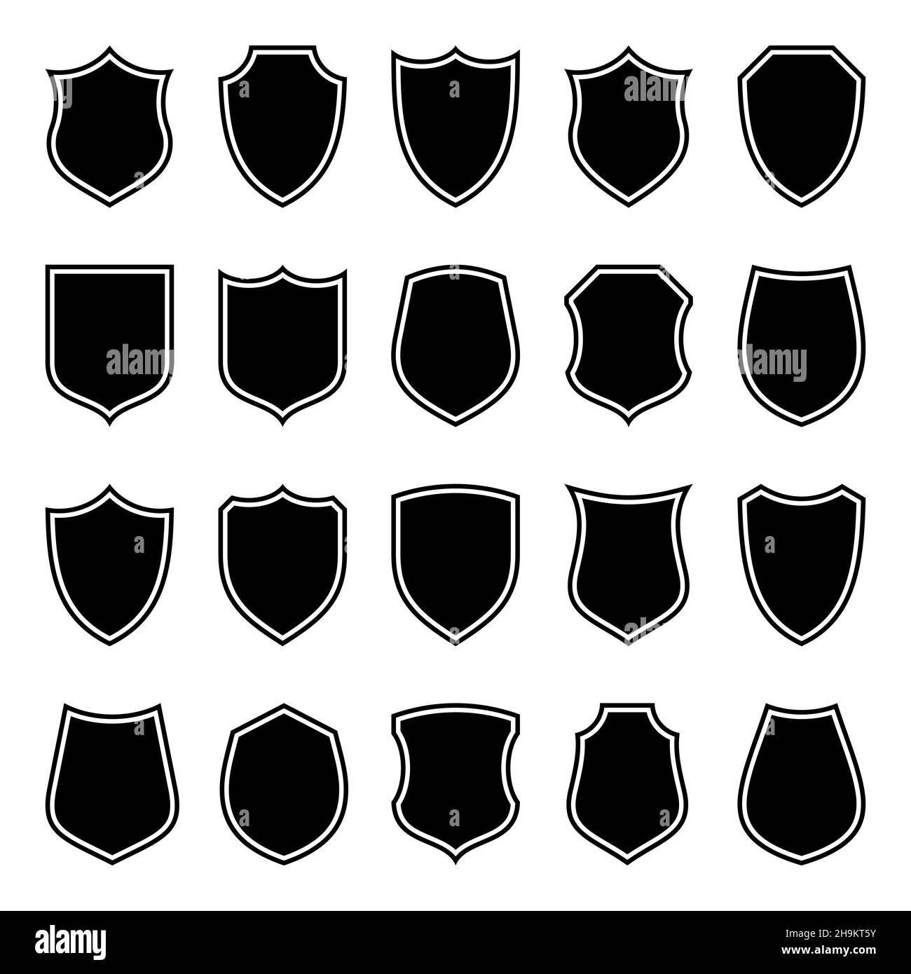Set of various vintage shield icons. Black outlined heraldic shields ...