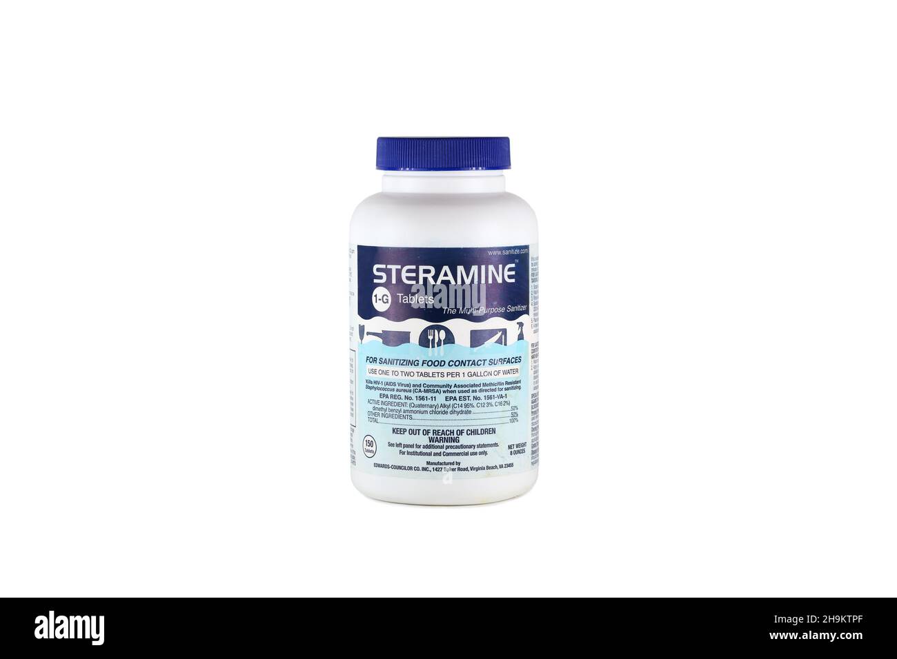 A bottle of Steramine sanitizer tablets isolated on a white background ...