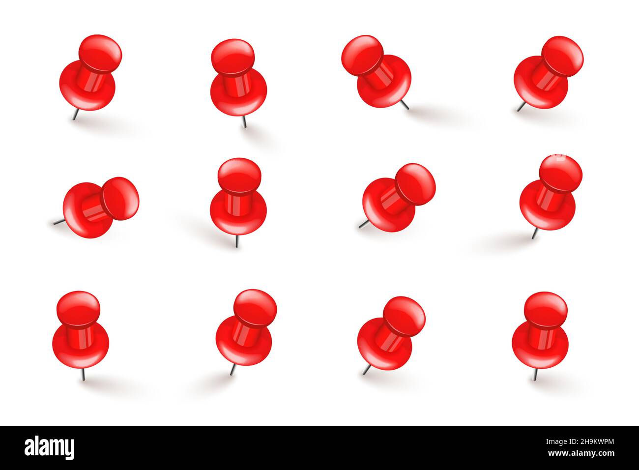 Realistic red push pins. Board tacks isolated on white background ...