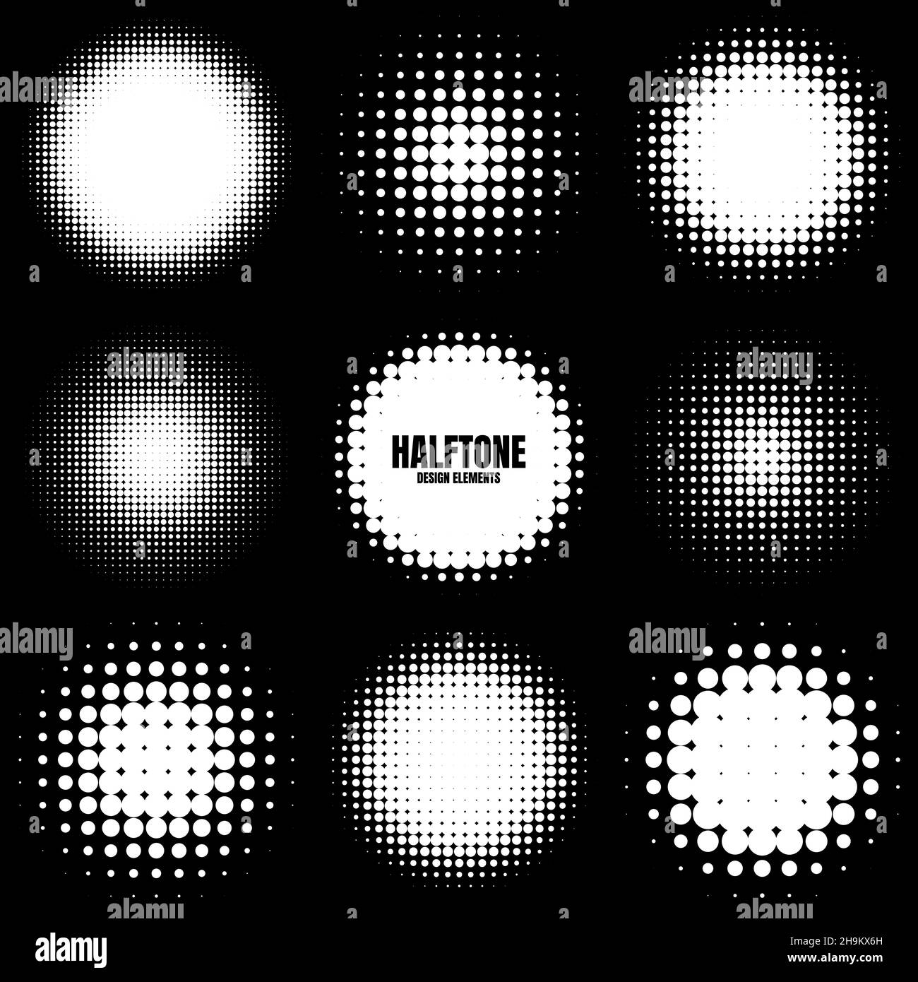 Circle halftone design elements with white dots. Comic dotted pattern ...