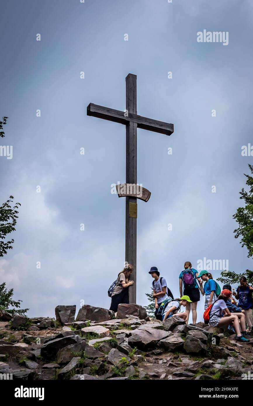 Lysica, Poland - July 28, 2021: Wooden cross on the top of Lysica ...