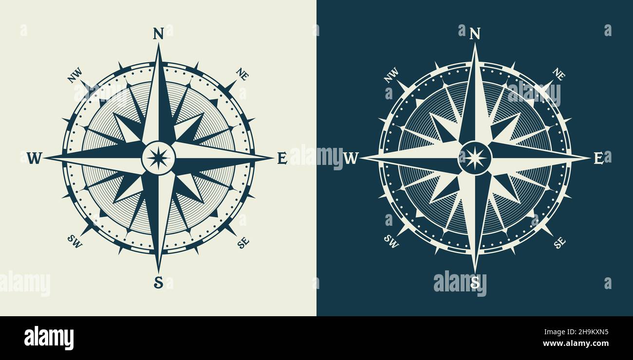 Vintage marine wind rose, nautical chart. Monochrome navigational ...