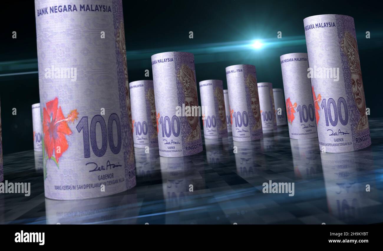 Malaysia Ringgit money pack 3d illustration. MYR banknote bundle stacks. Concept of finance ...