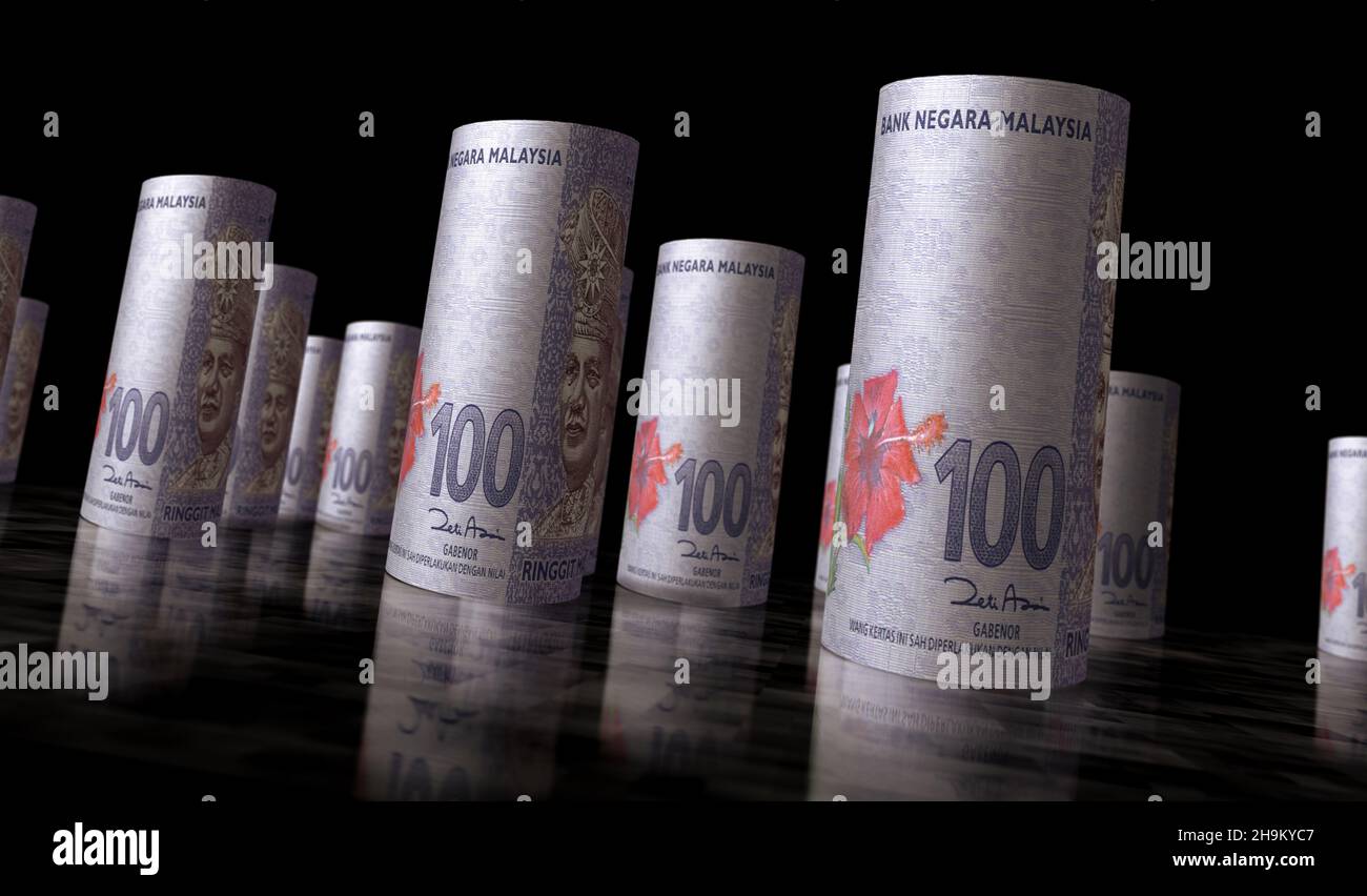 Malaysia Ringgit money pack 3d illustration. MYR banknote bundle stacks. Concept of finance ...