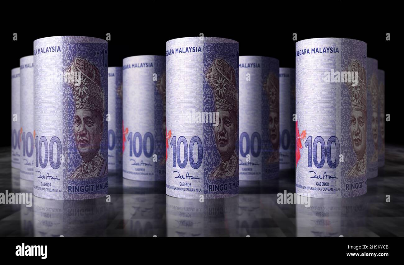 Malaysia Ringgit money pack 3d illustration. MYR banknote bundle stacks. Concept of finance ...