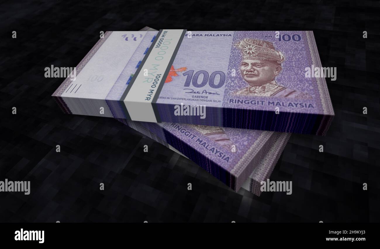 Malaysia Ringgit money pack 3d illustration. MYR banknote bundle stacks. Concept of finance ...