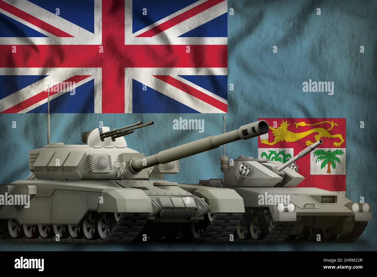 tanks on the Fiji flag background. Fiji tank forces concept. 3d ...