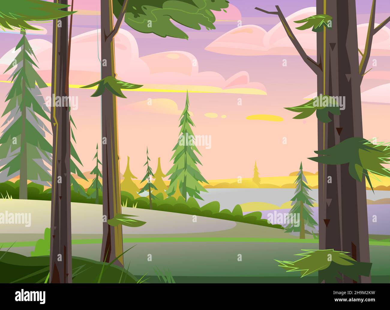 Evening time in forest. Morning rural countryside landscape with trees ...