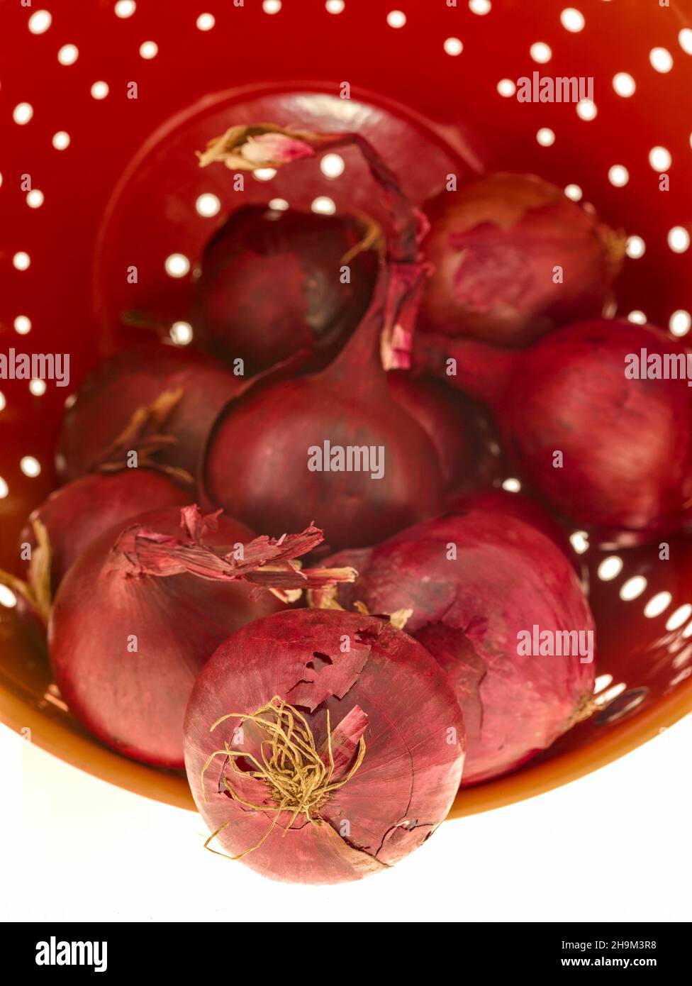 Close-up food still life with Red Onions rolling out of a red collinder ...
