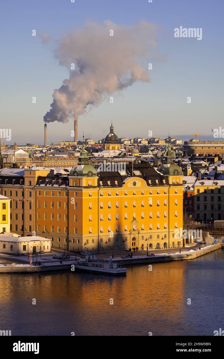 Panorama of Stockholm city with chimneys on a sunny winter day ...
