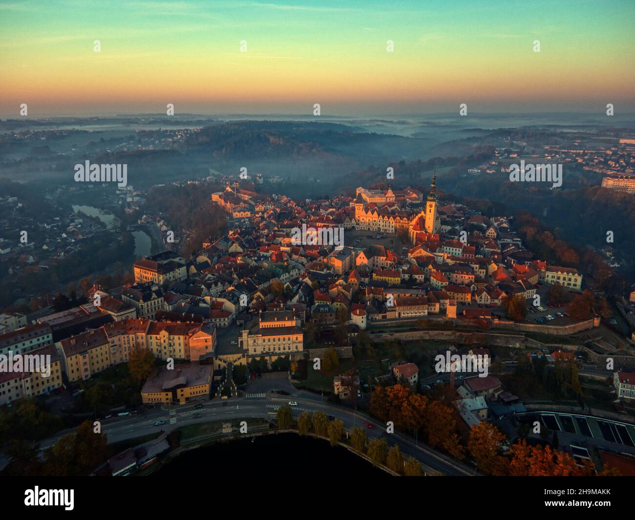 aerial view of Tabor czech republic, lake and church tower winter ...