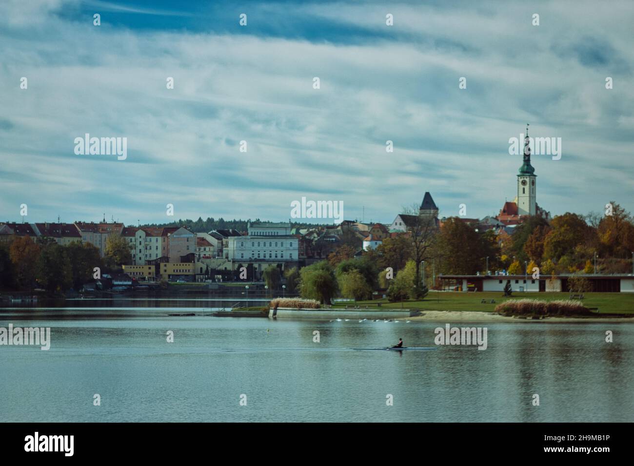Tabor Czech Republic church tower view from lake Stock Photo - Alamy