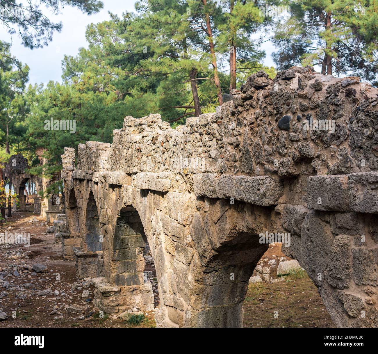 ruins of ancient Roman aqueduct among the forest in the antique city of ...