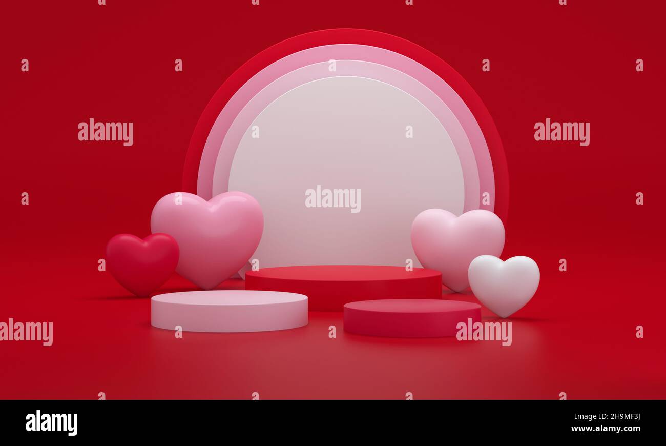 Valentine´s pedestals with heart on red studio background. Empty podium ...