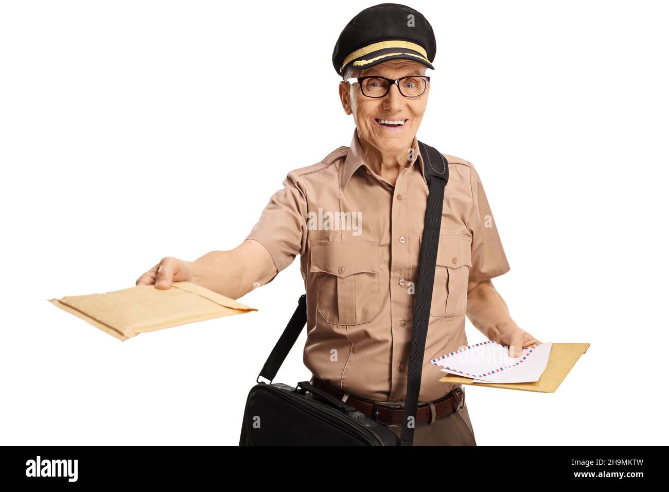 Mature mailman with a bag delivering a letter isolated on white ...