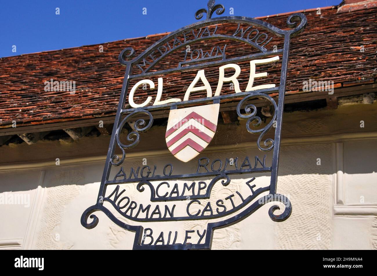 Village sign at Clare Ancient House Museum, High Street, Clare, Suffolk ...