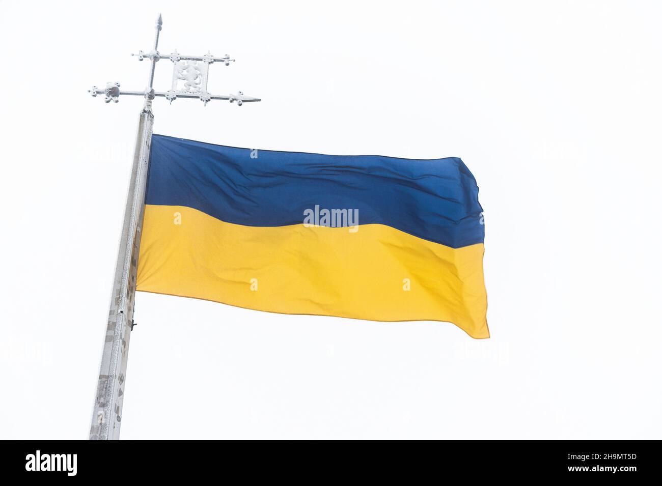 Lviv, Ukraine. 07th Dec, 2021. Ukrainian flag flying at the observation ...