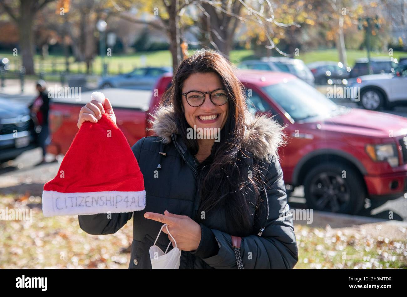 Congresswoman Rashida Tlaib poses for a photo after speaking to a crowd ...