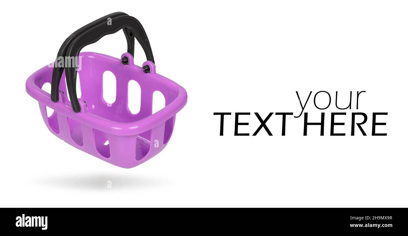 Purple shopping cart. Realistic miniature plastic shopping basket, toy ...