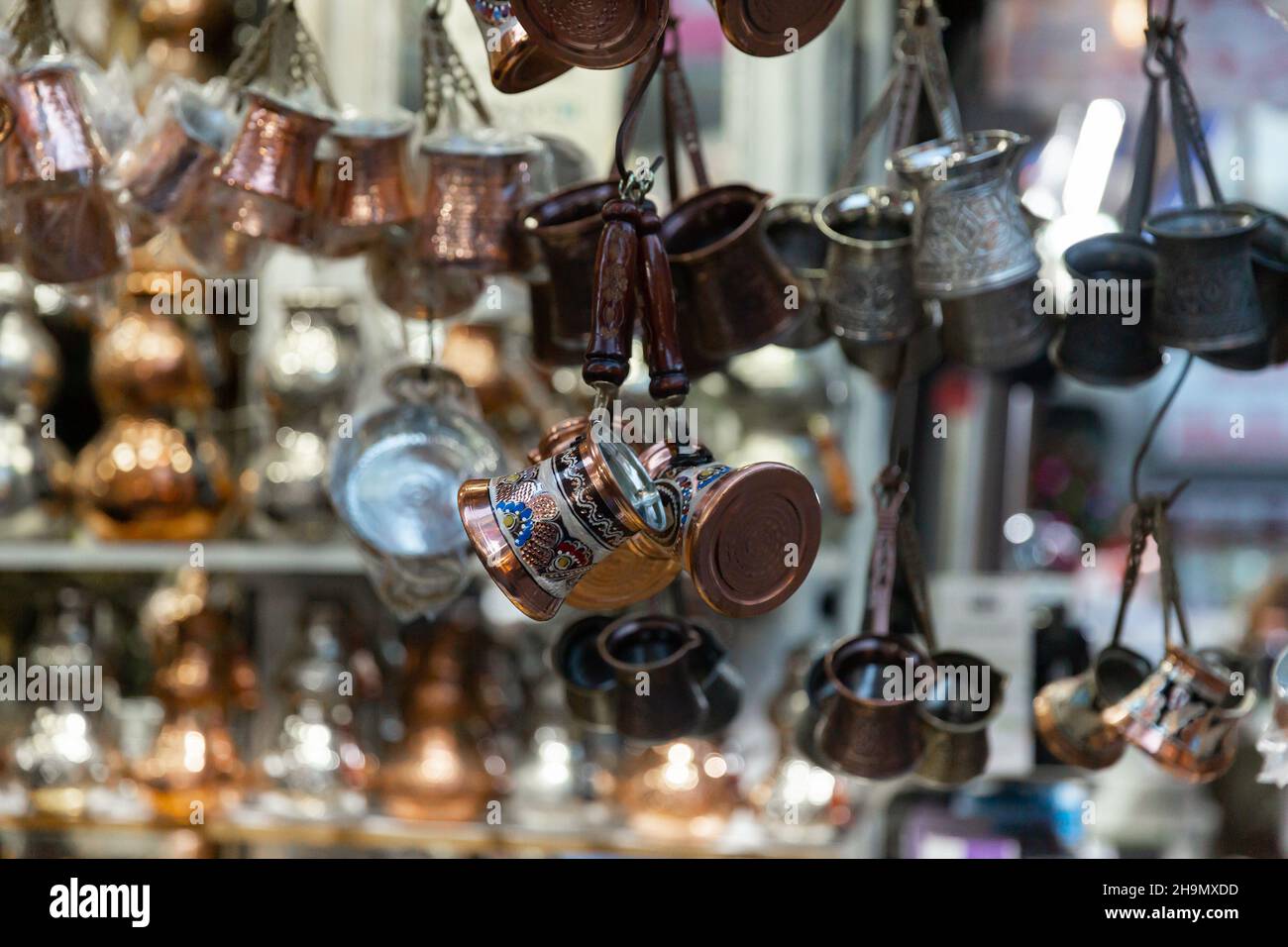 Sale of traditional Turkish Turks for making coffee at Turkish market ...