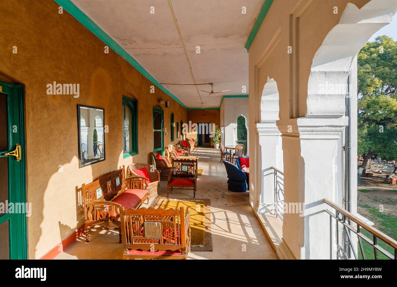 The verandah (veranda) at Judge's Court Hotel in Pragpur, a heritage ...