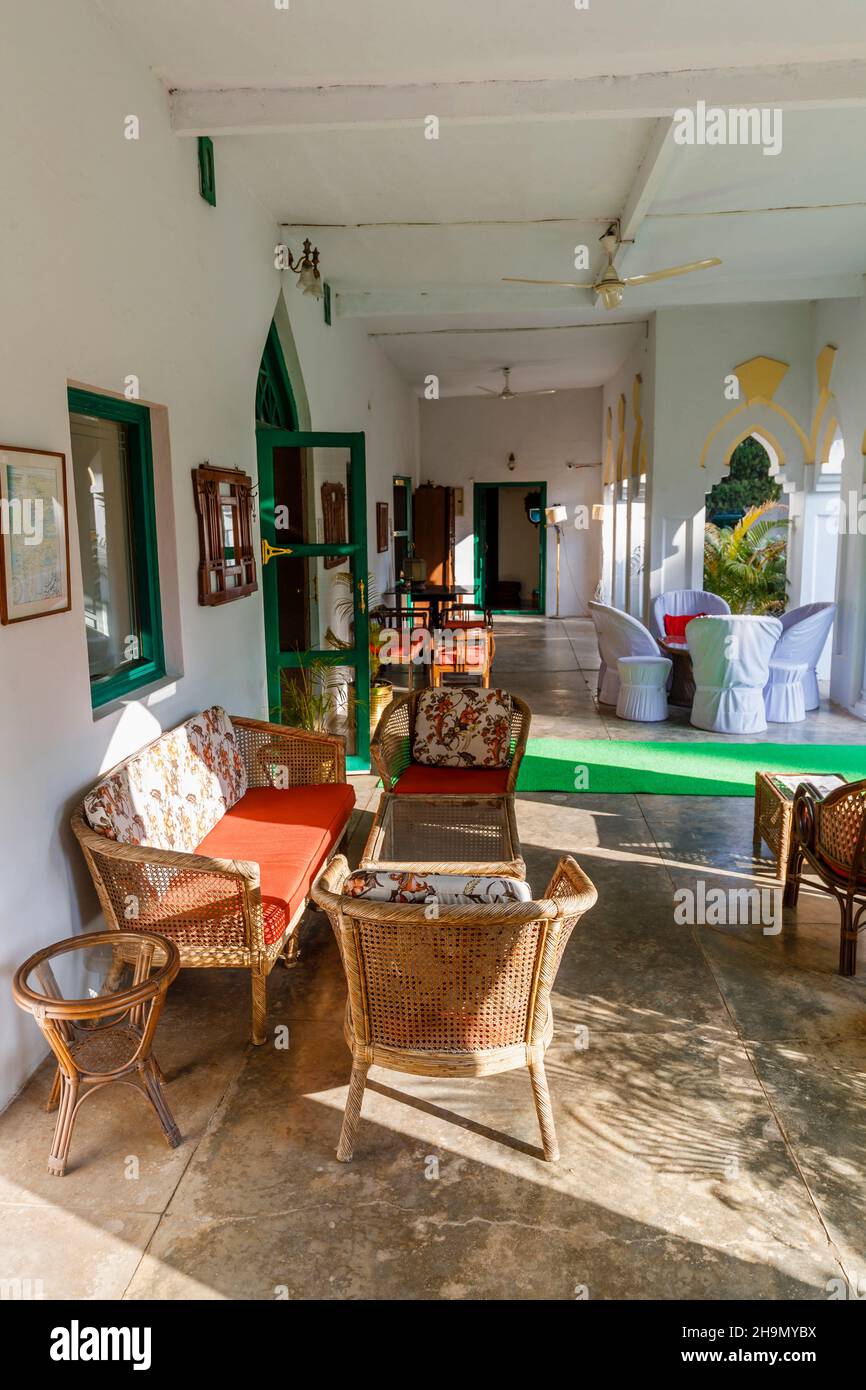 The verandah (veranda) at Judge's Court Hotel in Pragpur, a heritage ...